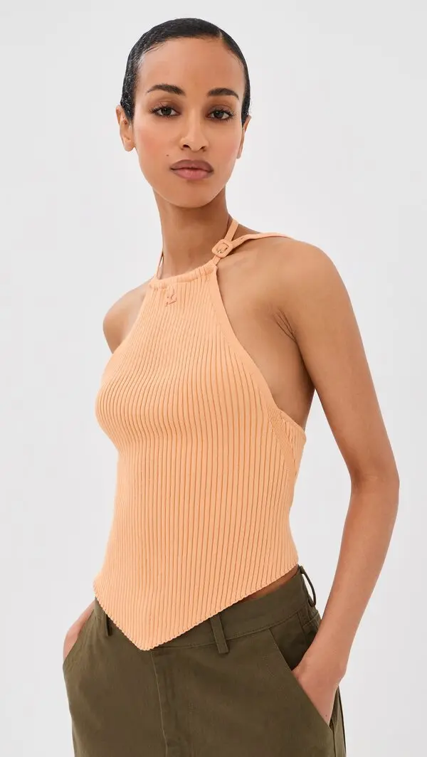 Courreges Halter Neck Pointed Hem Rib Knit Top - Light Sunset